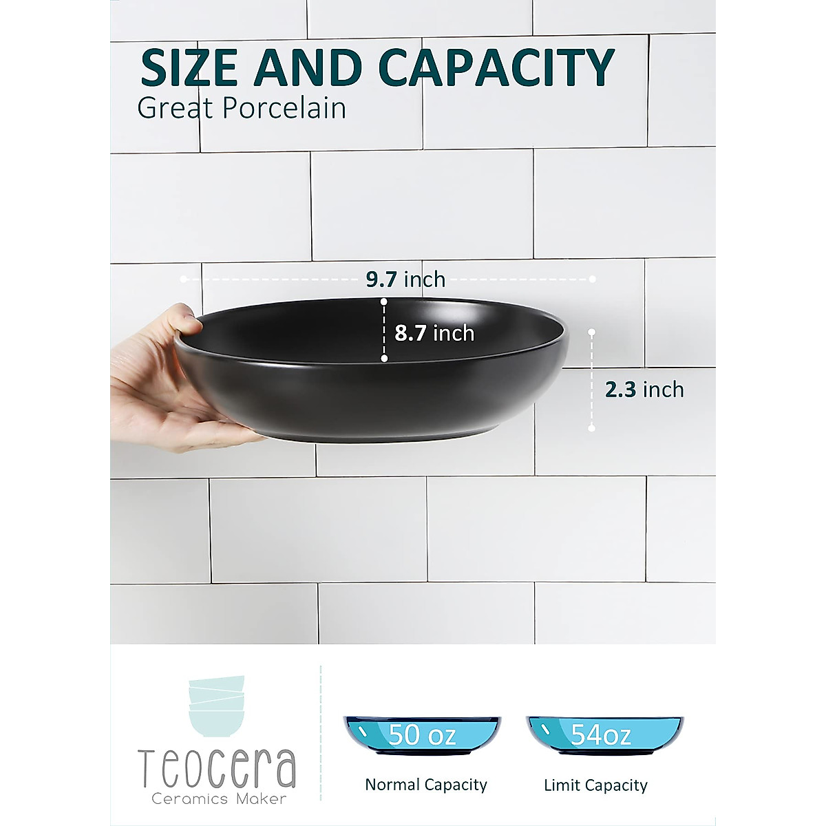 Teocera Pasta Bowls, Salad Bowls Set, Large Serving Bowls, 50 Ounce Porcelain Matte Black Bowls Set of 4 - Square Design, Microwave Dishwasher Safe
