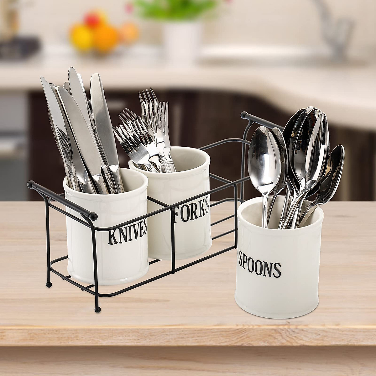 Bekith 3-Piece White Ceramic Silverware Caddy with Black Metal Rack, Utensil Holder Flatware Caddy Cutlery Storage Organizer for Kitchen Table, Cabinet or Pantry