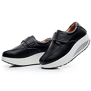 rismart Women's Wedge Rocker Fitness Comfortable Smooth Leather Fashion Sneakers SN8787(Black,7.5 M US)