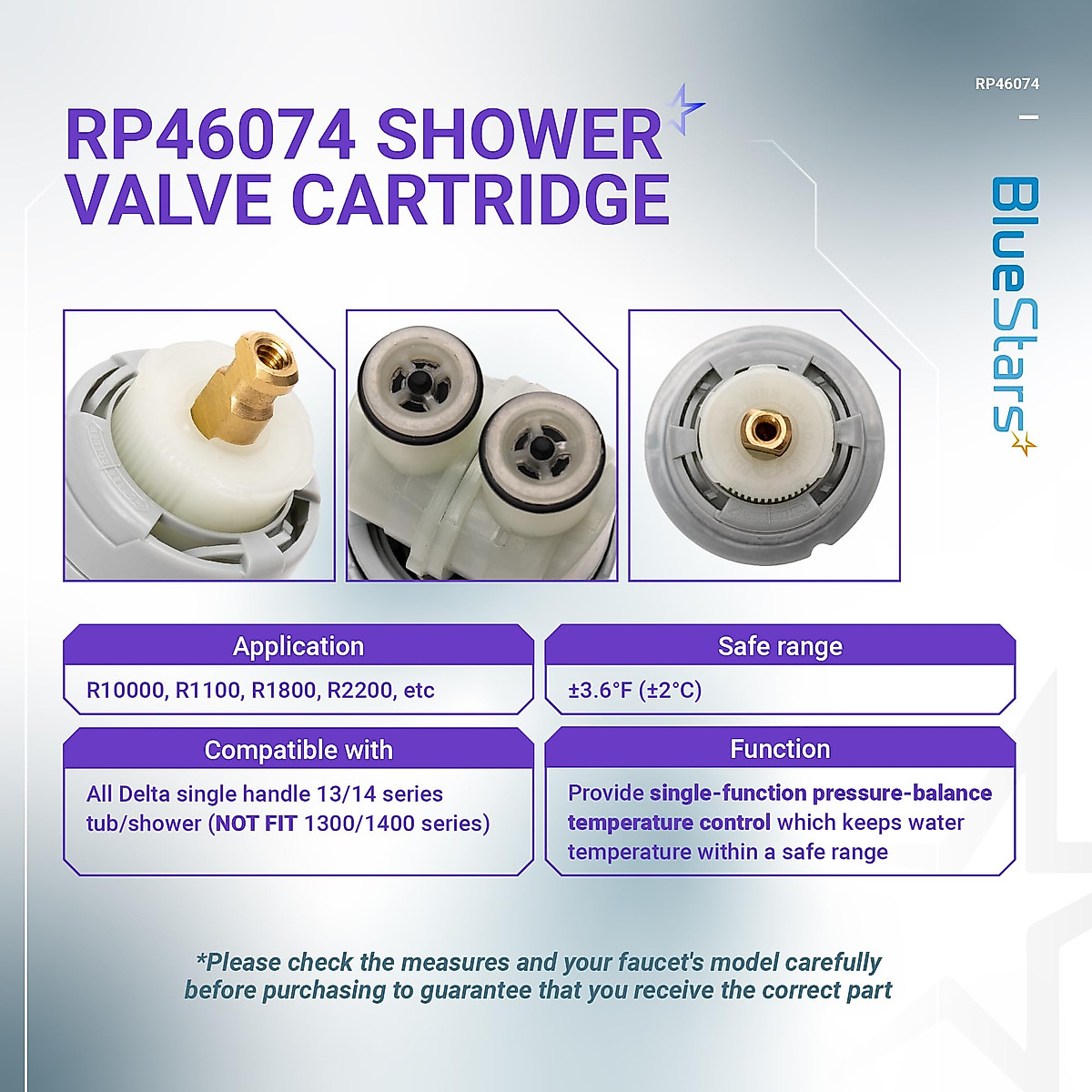 BlueStars RP46074 Shower Valve Cartridge - Single-Function Pressure-Balance Temperature Control- Compatible with Shower and Tub 13/14 Series Faucet