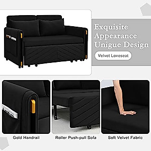 CALABASH Sofa Bed,Pull Out Couch Bed Sleeper Sofa,54" Modern Convertible Velvet Loveseat with 2 Pillows and Side Pockets, Small Love seat Sofa Bed w/Headboard for Living Room, Apartment (Black)