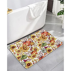 Bathroom Floor Shower Mat, Non-Slip Small Rugs - Easy to Clean, Thanksgiving Pumpkin Sunflower Fall Durable Bath Rug 24"x36" Washable Quick Dry Diatomaceous Earth Mats for Bathtubs