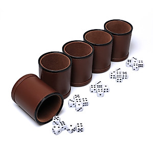 5 Pack PU Leather Dice Cups Felt Lining Quiet Shaker with 30 Dot Dice for Bar Party Yahtzee Farkle Dice Games
