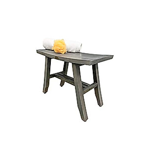 CoastalVogue Teak Wood Satori Shower Bench Teak Shower Stool with Curved Seat 24" Long Wooden Seat Shower Bench in Antique Gray Finish