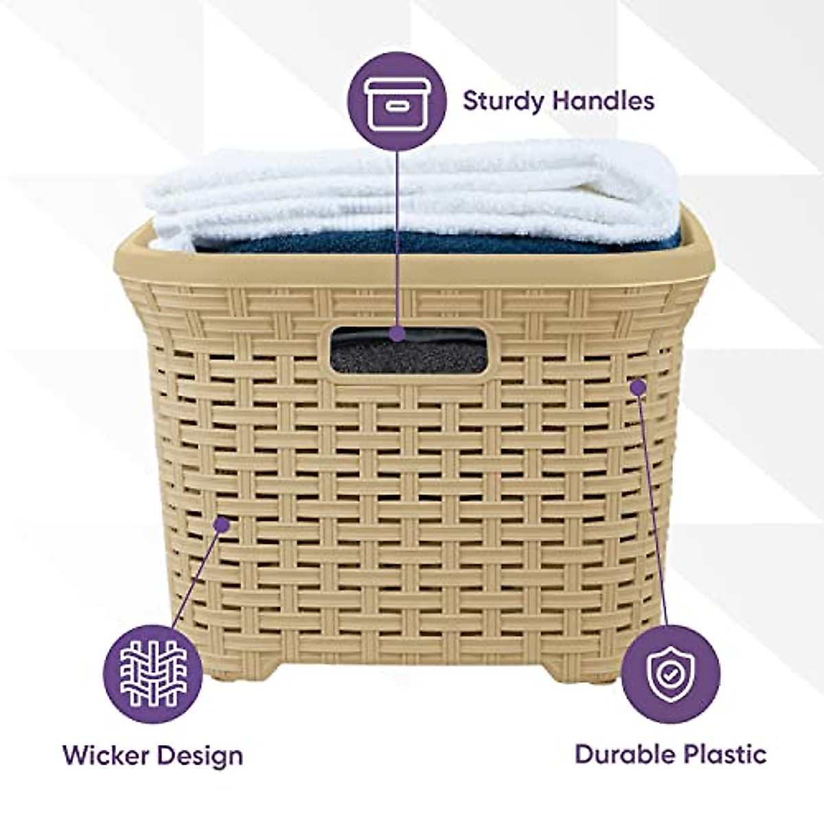 Superio Laundry Basket Plastic Storage Hamper Basket, Beige Cloths Basket Organizer with Cut-Out Handles. Space Saving for Laundry Room Bedroom Bathroom, Wicker Design 50 Liter (2 Pack)