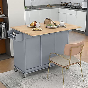 OPTOUGH Rolling Mobile Kitchen Island with Locking Wheels,Storage Cabinet and Drop Leaf Breakfast Bar, Kitchen Cart for Home w/Spice Rack,Towel Rack & Drawer,Grey Blue