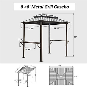 COCO DESIGN Grill Gazebo 8' × 6', Aluminum BBQ Gazebo Outdoor Metal Frame with Shelves Serving Tables, Permanent Double Roof Hard top Gazebos for Patio Lawn Deck Backyard and Garden (Brown)