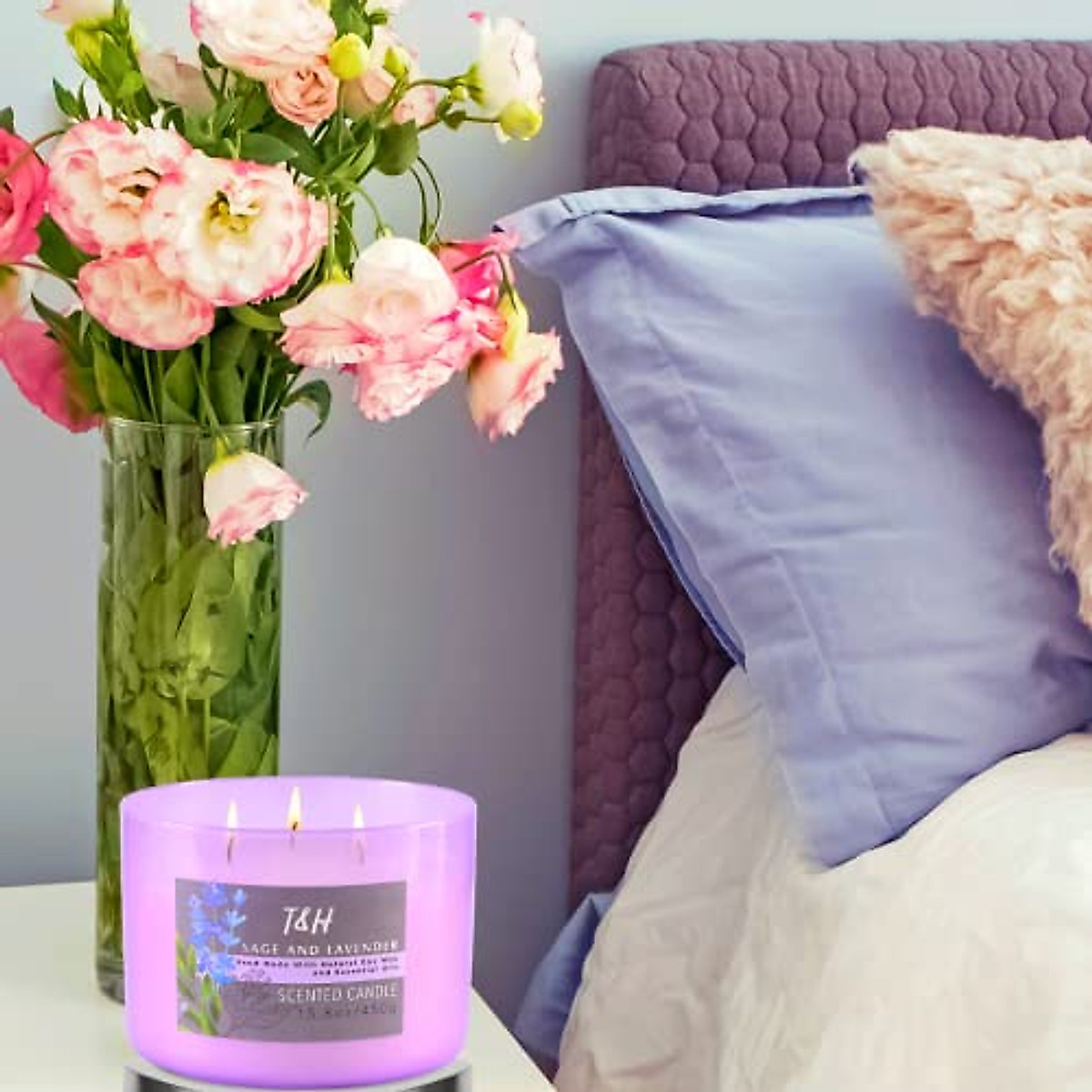 Sage Lavender Scented Candle 3 Wick | Aromatherapy Relaxing & Energy Cleansing Candle with Cedarwood, Clove & Eucalyptus 15.8 oz | Sage Candles for Cleansing House | Large Natural Soy Candles for Home