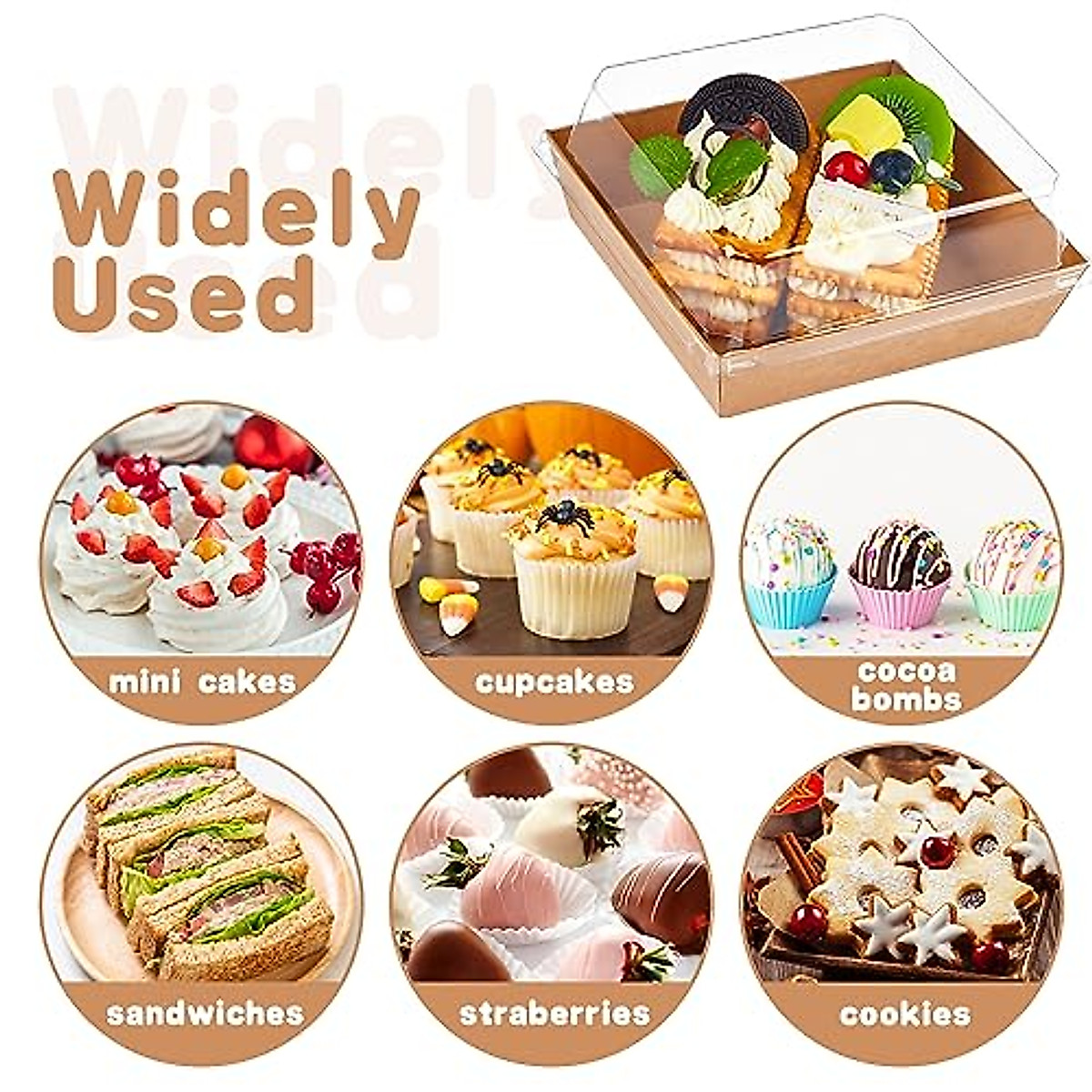 Kucoele 50 Pack Paper Charcuterie Boxes with Clear Lids, 4 Inches Brown Cookie Boxes Dessert Boxes Disposable To Go Food Containers for Sandwich, Cake Slice, Cupcake, Chocolate Covered Strawberry