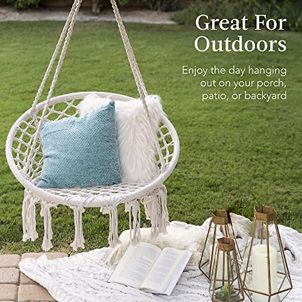 Best Choice Products Macramé Hanging Chair, Handwoven Cotton Hammock Swing for Indoor & Outdoor Use w/Mounting Hardware, Backrest, 265lb Capacity - Beige