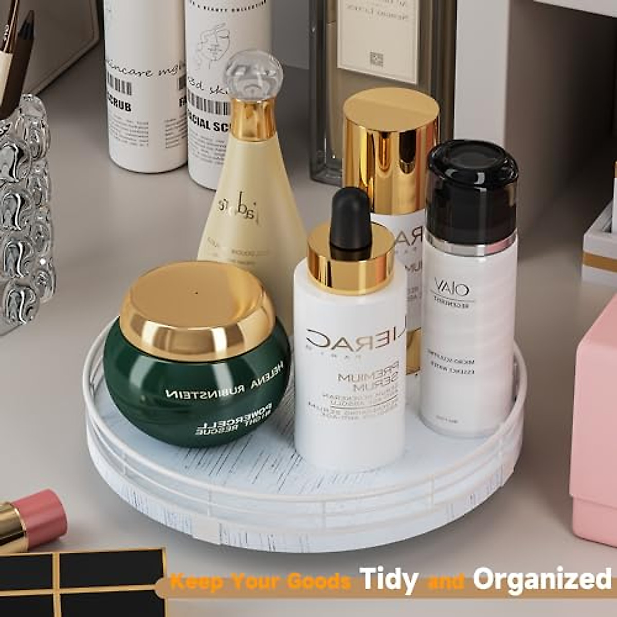 9" Oak Bathroom Vanity Tray Turntable for Perfume Candle, Round Wooden Decorative Tray for Kitchen Sink Countertop Organizer, Bathroom Counter Organizer for Skincare Makeup, Rustic White