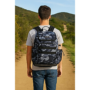FUEL Multi-Pocket Cargo Backpack with High Capacity Top-Loader Entry, Black/Midnight Blue/Camo