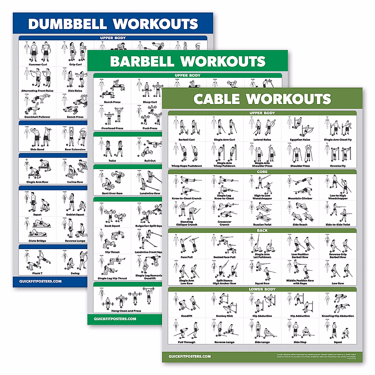 Palace Learning 3 Pack - Dumbbell Workouts + Barbell Exercises + Cable Machine Workouts - Set of 3 Workout Charts (LAMINATED, 18” x 24”)