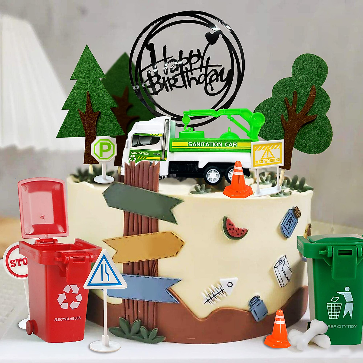 17PCS Garbage Truck Cake Topper Trash Truck Cake Decorations Trash Can Birthday Party for Trash Truck Waste Management Recycling Party Supplies