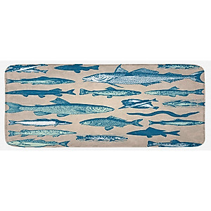 Ambesonne Fish Kitchen Mat, Vintage Style Group of Various Different Fish Animals Seafood Theme Grunge Effect, Plush Decorative Kithcen Mat with Non Slip Backing, 47" X 19", Taupe Navy