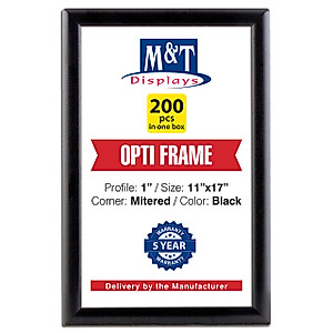M&T Displays Opti Snap Poster Frame 11x17 Inch Black 1" Aluminum Profile Front Loading Wall Mounting Photo Picture Document Certificate Sign Holder Mitered Corner Anti Glare Cover (200 pack)