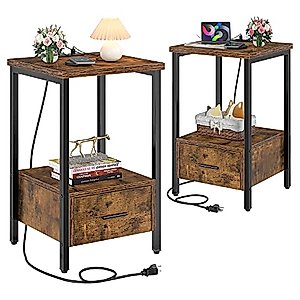 EnHomee Nightstand Set of 2 with Charging Station and 2 USB Ports 2 Outlets, Bedside Table with Wood Drawers, Industrial Bed Side Table, Night Stand for Bedroom Living Room, Easy Assembly,Rustic Brown