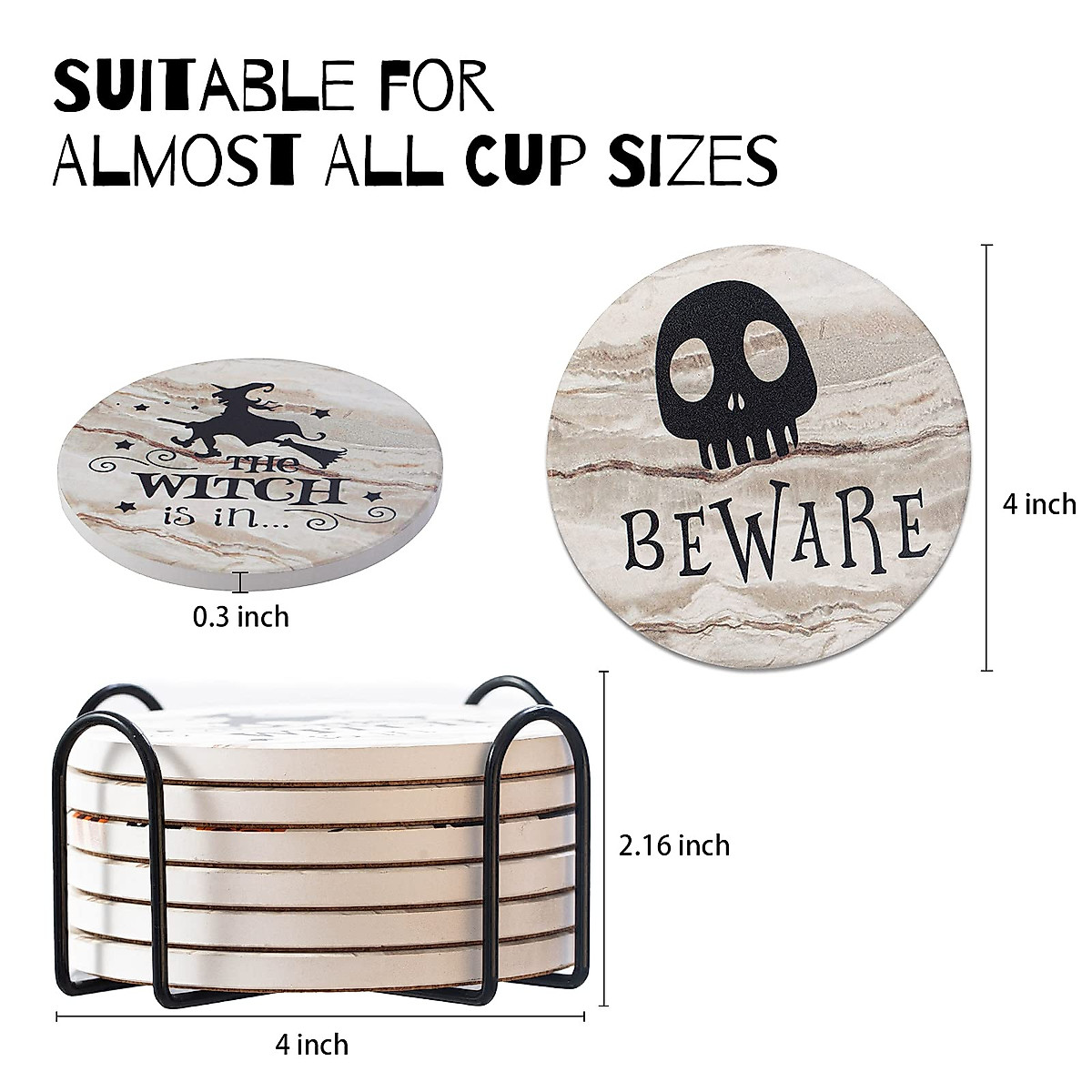 6pcs Halloween Cup Drinks Coasters with Holder,Round Absorbent Ceramic Coaster Set,Funny Drink Coasters with Cork Base for Tabletop Protection,Ideal Gift for Halloween,Housewarming,Birthday