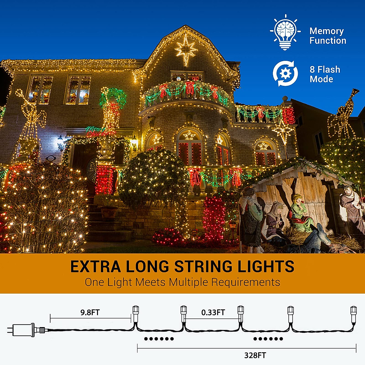 Marchpower Easter Twinkle Lights 328ft 1000 LED with 8 Modes and Memory, Diamond Shape Cristmas String Lights Plug in - Indoor Outdoor Waterproof Romance Wedding Home Garden Party Decor, Warm White