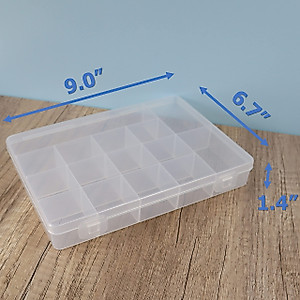 EIKS Plastic Compartment Organizer Box Case with 15 Grids for Beads Jewelry Fishing Tackles Metal Parts Accessories Screws Button, Size 9x6.7x1.4inch