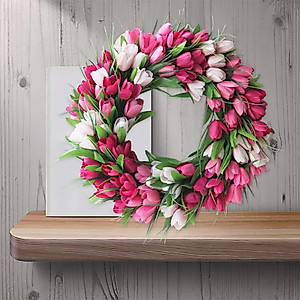 WDDH Artificial Tulip Wreath, 12inch Round Front Door Tulip Wreath with Rattan Base, Spring Tulip Floral Wreath for Wedding Arch Home Garden Decor