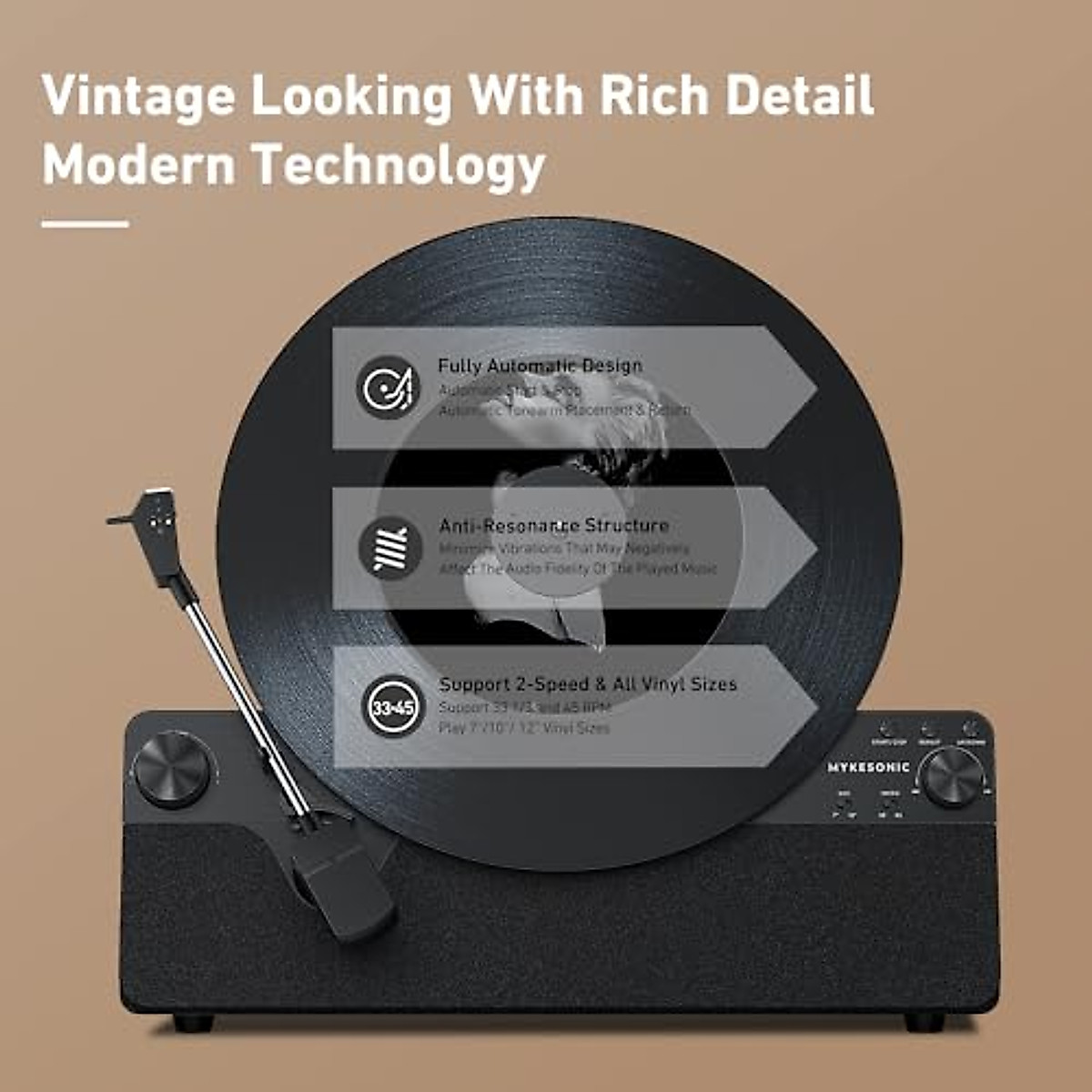 Vertical Automatic Record Player Bluetooth, MYKESONIC Belt Drive Vinyl Turntable, Magnetic AT-3600L Cartridge, Bluetooth in & Out, Hi-Fi Stereo Speakers, Aux in Headphone, RCA Out, Anti-Resonance