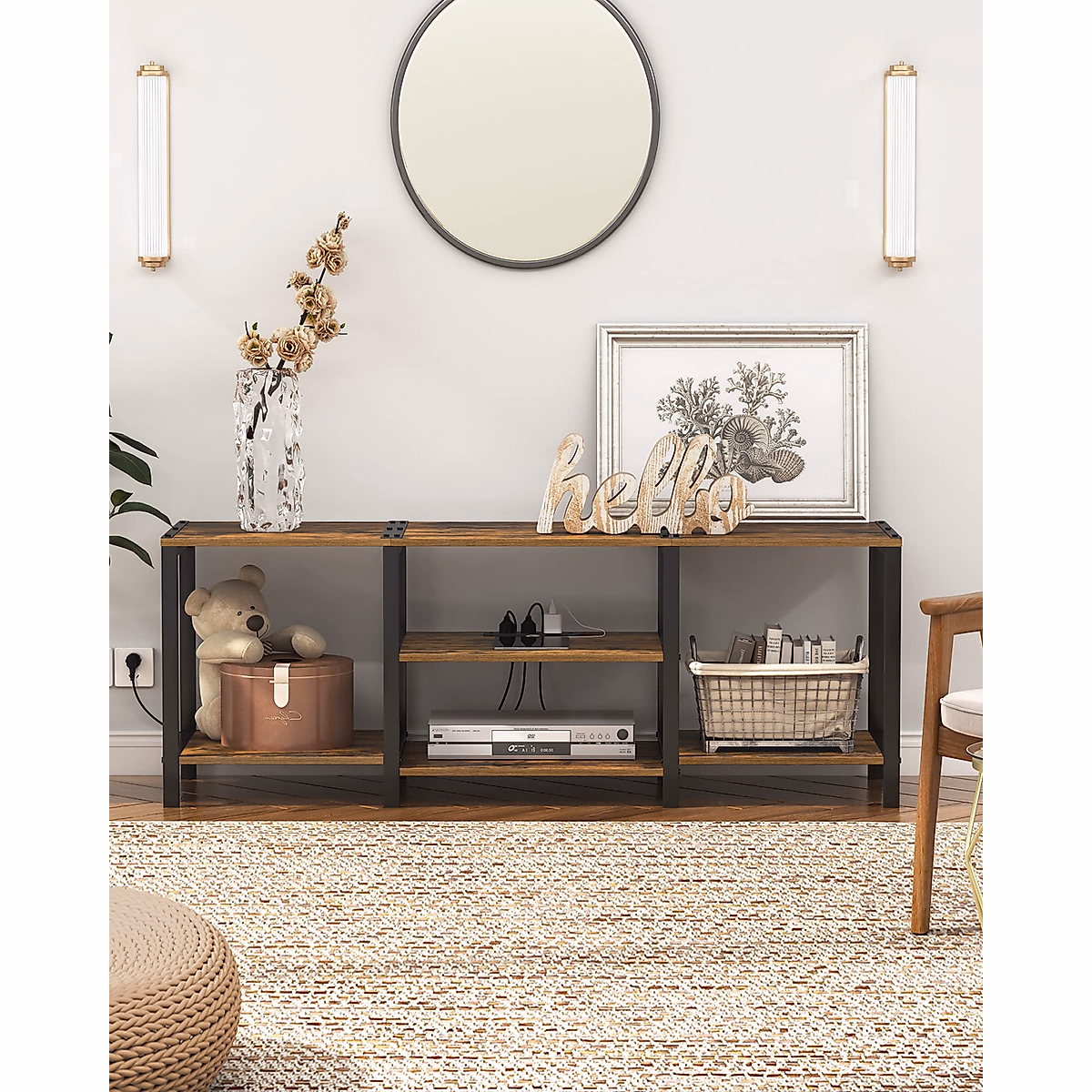 Hzuaneri TV Stand with Charging Station for TVs up to 65 Inches, 3 Tier Media TV Entertainment Center with Storage Shelf, Industrial TV Console Table for Living Room, Bedroom, Rustic Brown and Black