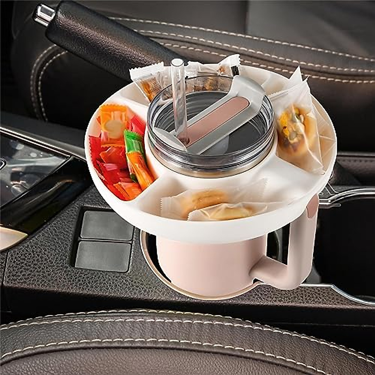 RYAJK Snack Bowl for Stanley 40 Oz Tumbler with Handle,4 Compartments for Candy,Appetizer,Nuts,Popcorn, Cup Holder for Stanley Cup Accessories (White)