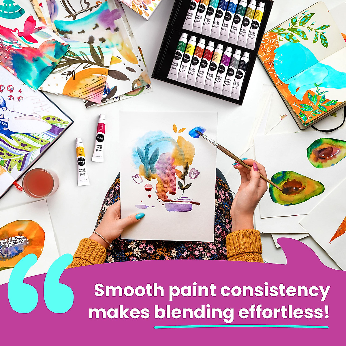 Chalkola Watercolor Paint Set for Adults, Kids, Beginner & Professional Artists - 36 Watercolor Tubes Set (12ml, 0.4oz), 10 Painting Brushes & 1 Palette | Vibrant Water Color Art Painting Supplies