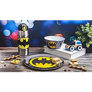 Zak Designs DC Comics Dinnerware 3 Piece Set Includes Plate, Bowl, and Water Bottle, Non-BPA, Made of Durable Material and Perfect for Fans (18/8 Stainless Steel, Batman)