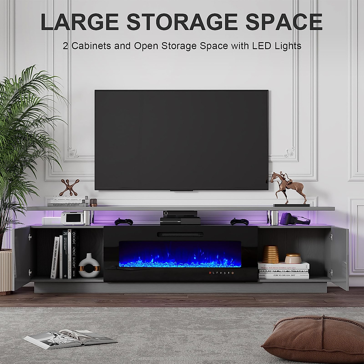 LUXOAK 80" Fireplace TV Stand, Modern LED Entertainment Center with 40" Electric Fireplace, High Gloss Finish Media Console with Storage for TVs Up to 90", Grey