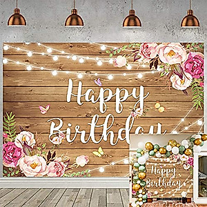Rustic Wood Floral Birthday Backdrop Spring Pink Flower Wood Glitter Happy Birthday Photography Background Women Girl Newborn Kids Adult Birthday Party Wedding Decoration Photo Shoot Props 7x5FT