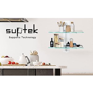 suptek 2 Tiers Glass Floating Shelves, Flat Black Wall Mount Bracket, AV Shelf, Media Shelf for DVD Player / PS4 / Cable Boxes/Game Consoles/Sky Box/TV Accessories, 17.6kg Load Capacity