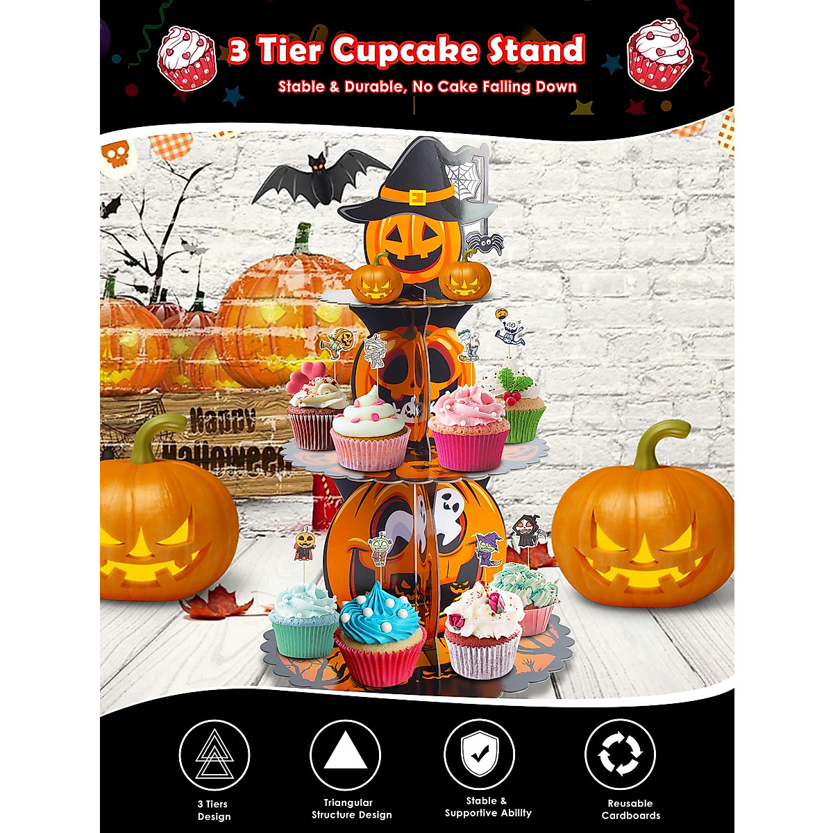 JROYJOY 3 Tier Halloween Cupcake Stand, Cupcake Tower with 16 Pcs Pumpkin Cupcake Toppers, Cake Stand for Dessert Table, Cupcake Display Stand for 24 Cupcakes Party Supplies Halloween Decorations