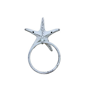 Rustic Whitewashed Cast Iron Starfish Towel Holder 8.5 Inch - Starfish Decoration - Sea Home Decor