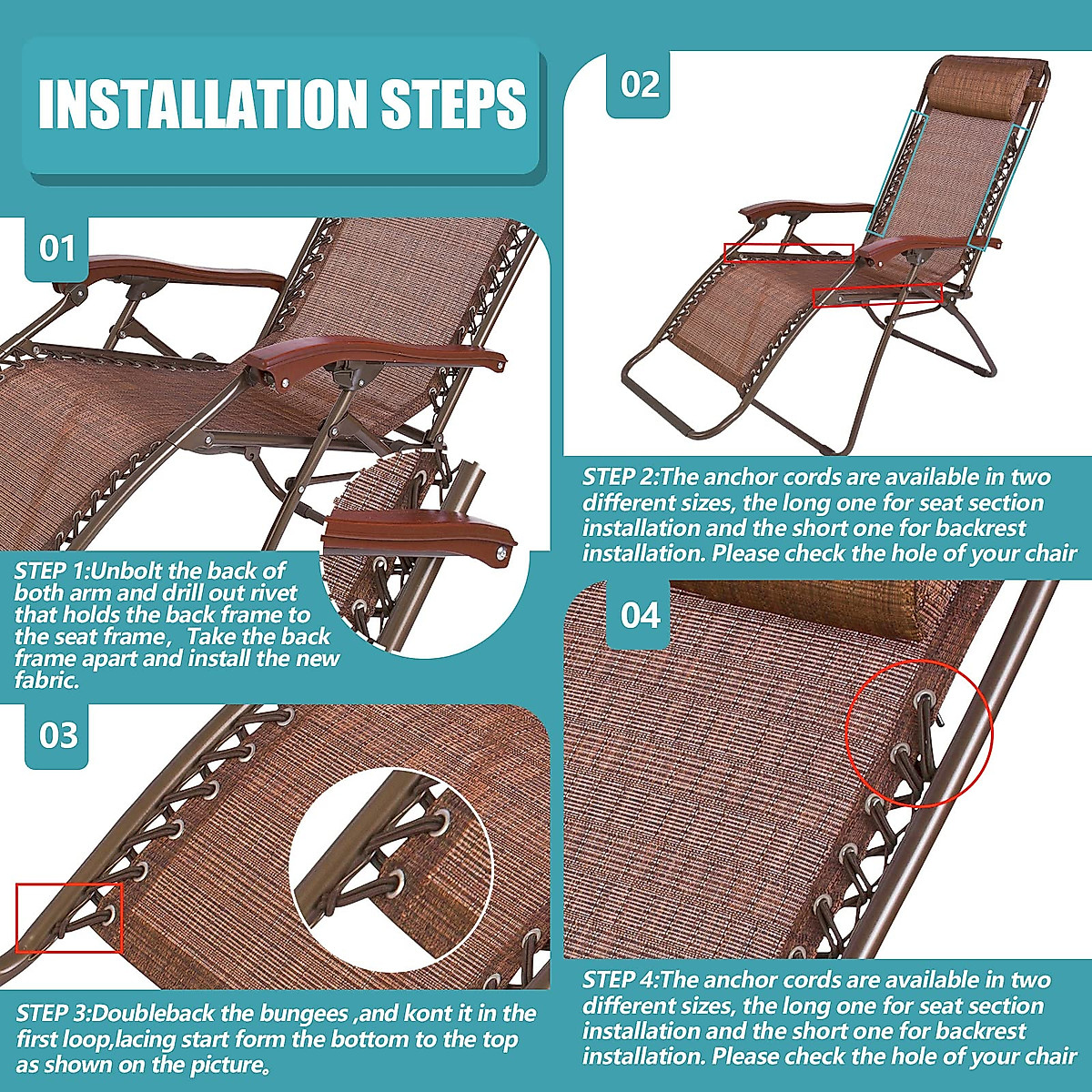 Queekay 2 Pcs Gravity Chair Replacement Fabric with 8 Bungee Cord Lounge Chair Cloth Mesh Patio Chair Repair Kit for Patio Recliner Outdoor Lawn Pool Beach Sling Chair(Brown, 63" x 17")