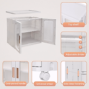CXCJAI Storage Bins with Lids and Doors Storage Cabinet with Wheels Plastic Stackable Pantry Cabinet Cupboard Closet Foldable Kitchen Collapsible Storage Bins for Book Snack and Bathroom Organizer
