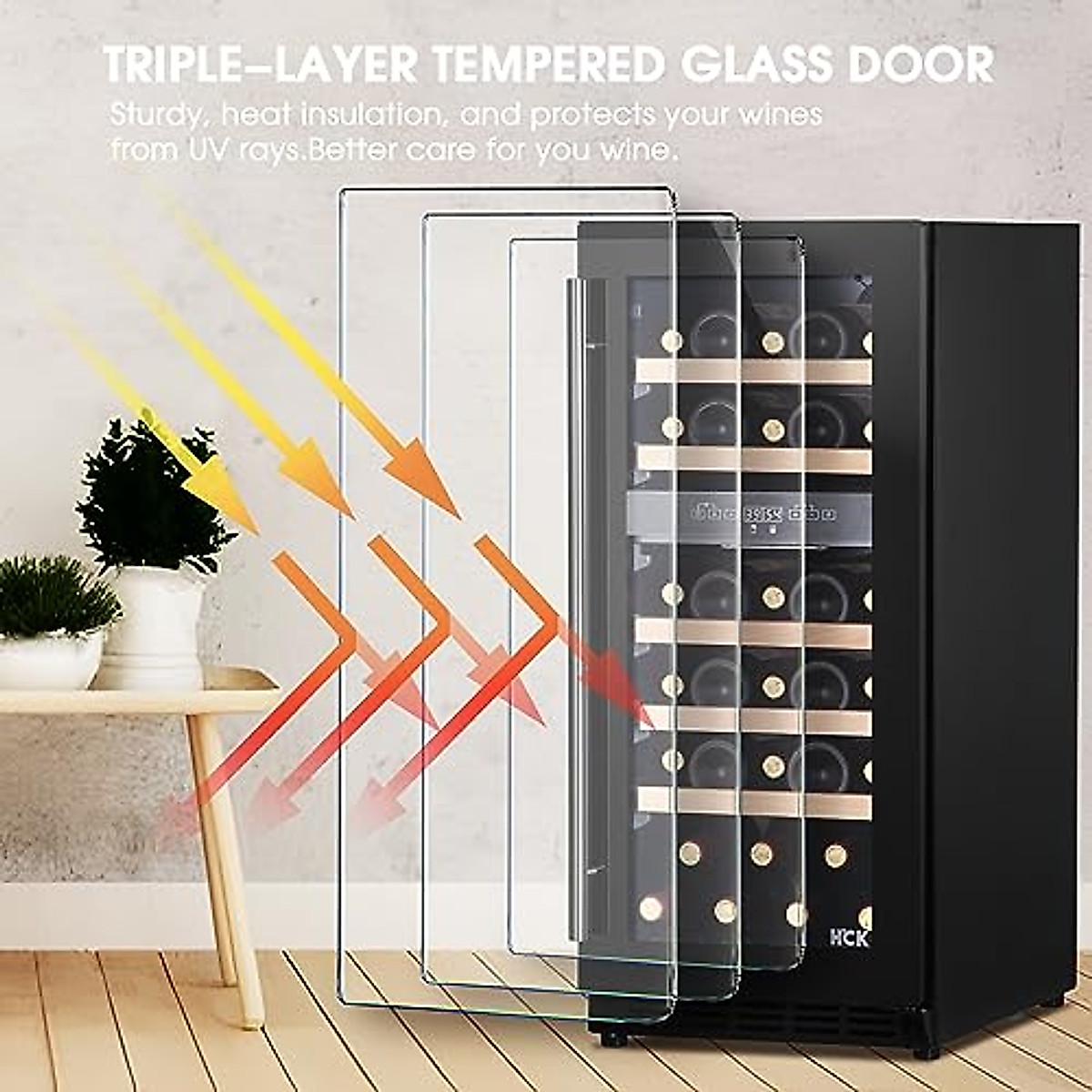 HCK Wine Fridge Dual Zone, Wine Cooler Refrigerator 15 Inch, 29 Bottle, Built-In or Freestanding Under Counter Wine Fridge with LED Light for Wine, Champagne, Home, Kitchen, Office