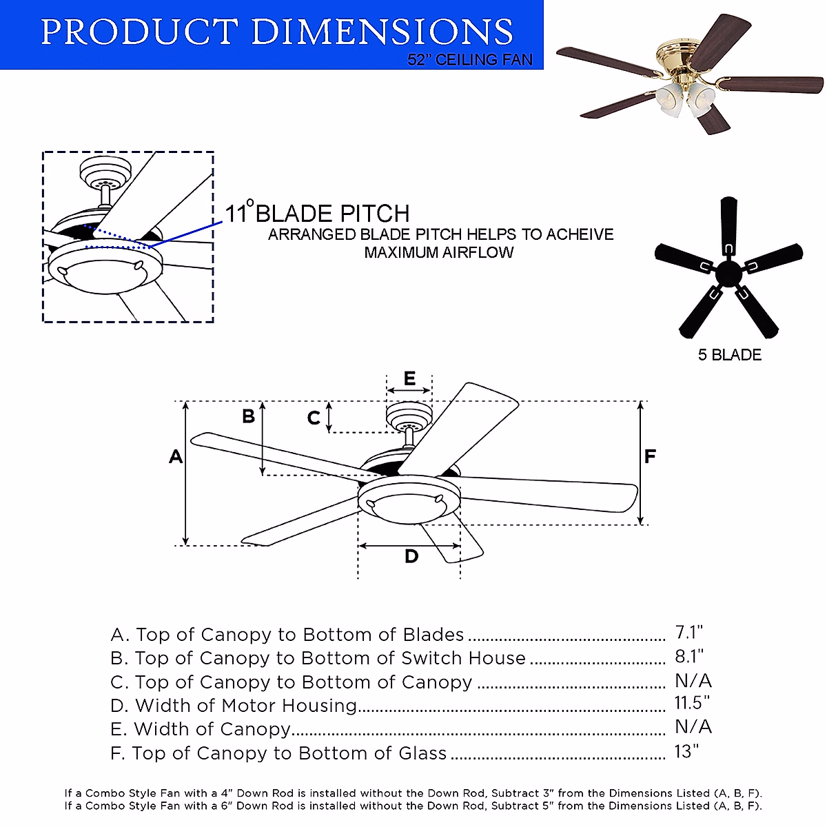 Ciata Lighting 52 Inch Contempora IV Polished Brass Finish Indoor Ceiling Fan with Dimmable LED Light Fixture in Clear Ribbed Glass with Reversible Walnut/Oak Blades