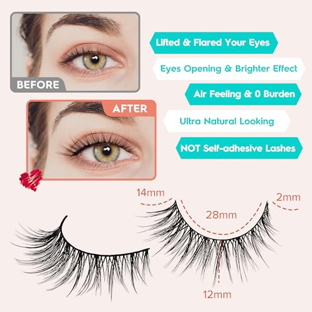 Natural Cat Eyelashes Mink Lashes Wispy Thinner Band 14mm False Eyelashes Natural Look 3D Volume Lashes C Curl Fake Eyelashes 7 Pair Siligli