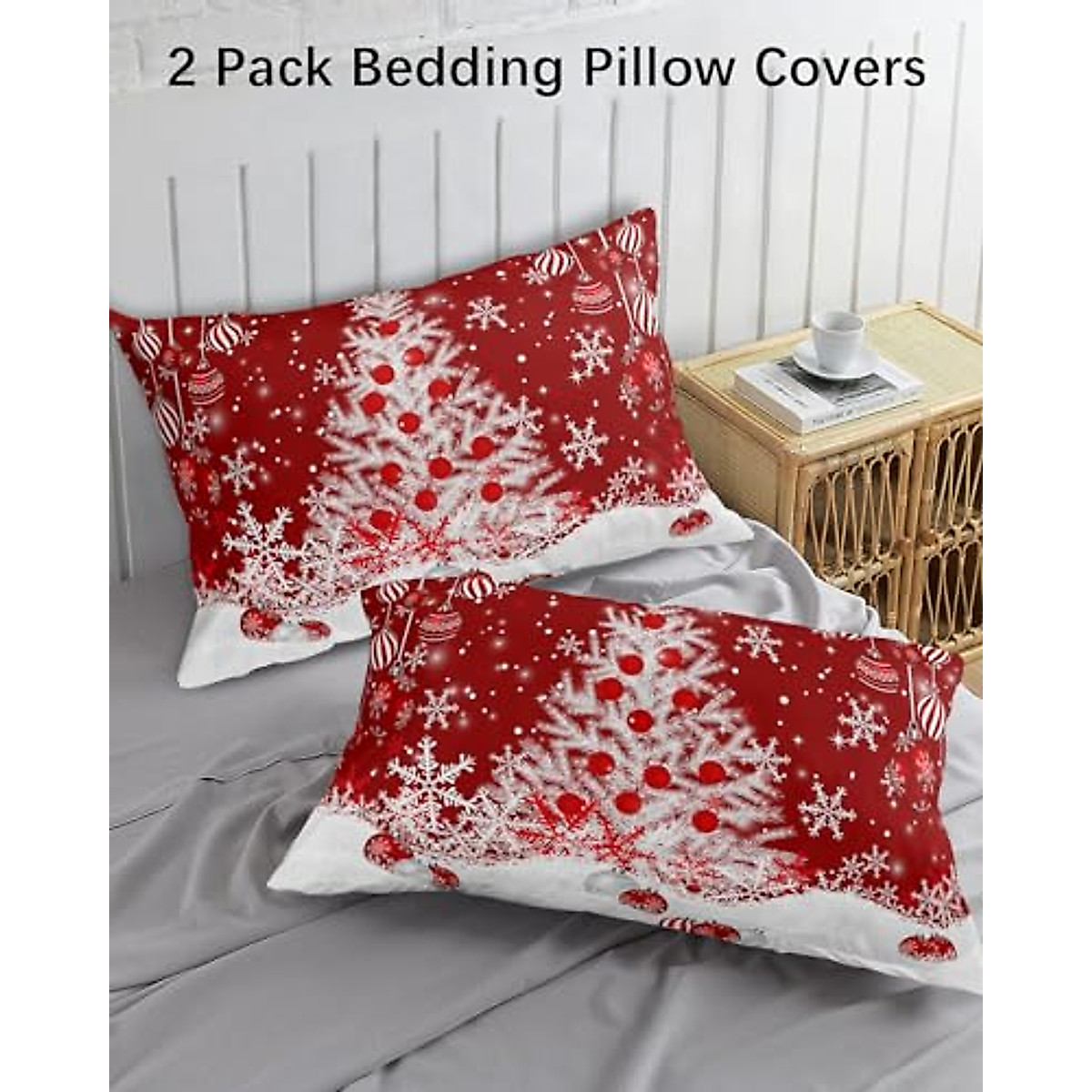 Edwiinsa Christmas Tree Pillow Covers Standard Size Set of 2 20x26 Bed Pillow, Plush Soft Comfort for Hair/Skin Cooling Pillowcases with Envelop Closure Throw Covers Red Xmas Balls Star Snowflake