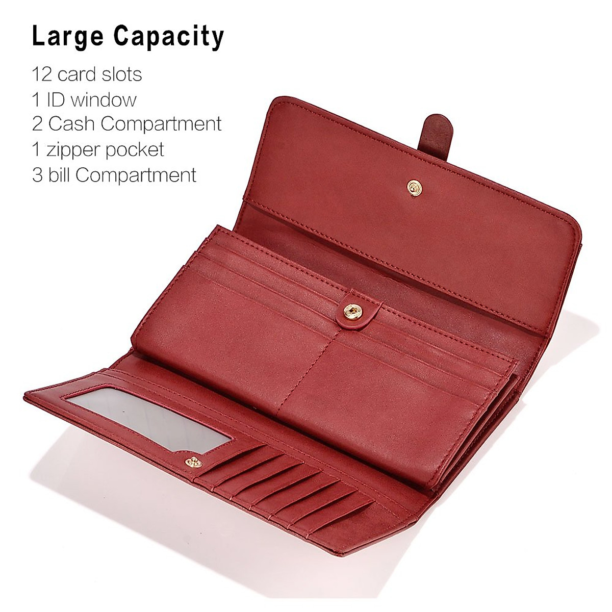 EASTNIGHTS RFID Wallets for Women Clutch Wallet Leather Trifold Wallet Credit Card Slot (wine red)