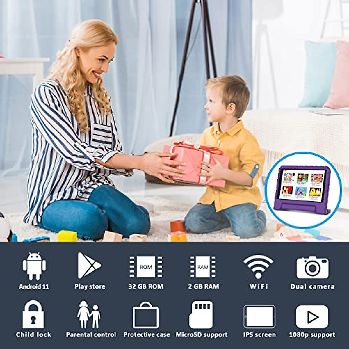 WOZIFAN Kids Tablet 8 Inch, Android 11 Tablet for Kids, Eye Protection Screen, Parental Control, Educational Game, Toddler Tablet with Quad Core 2GB + 32GB, Dual Camera, WiFi, Kid Proof Case - Purple