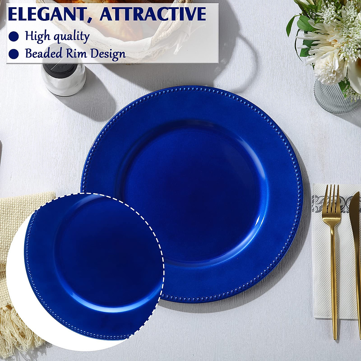 Gerrii 12 Pcs Metallic Bead Charger Plates 13 Inch Plastic Round Charger Plates Bulk Wedding Beaded Chargers for Dinner Plates, Table Party Event Decoration (Navy Blue)