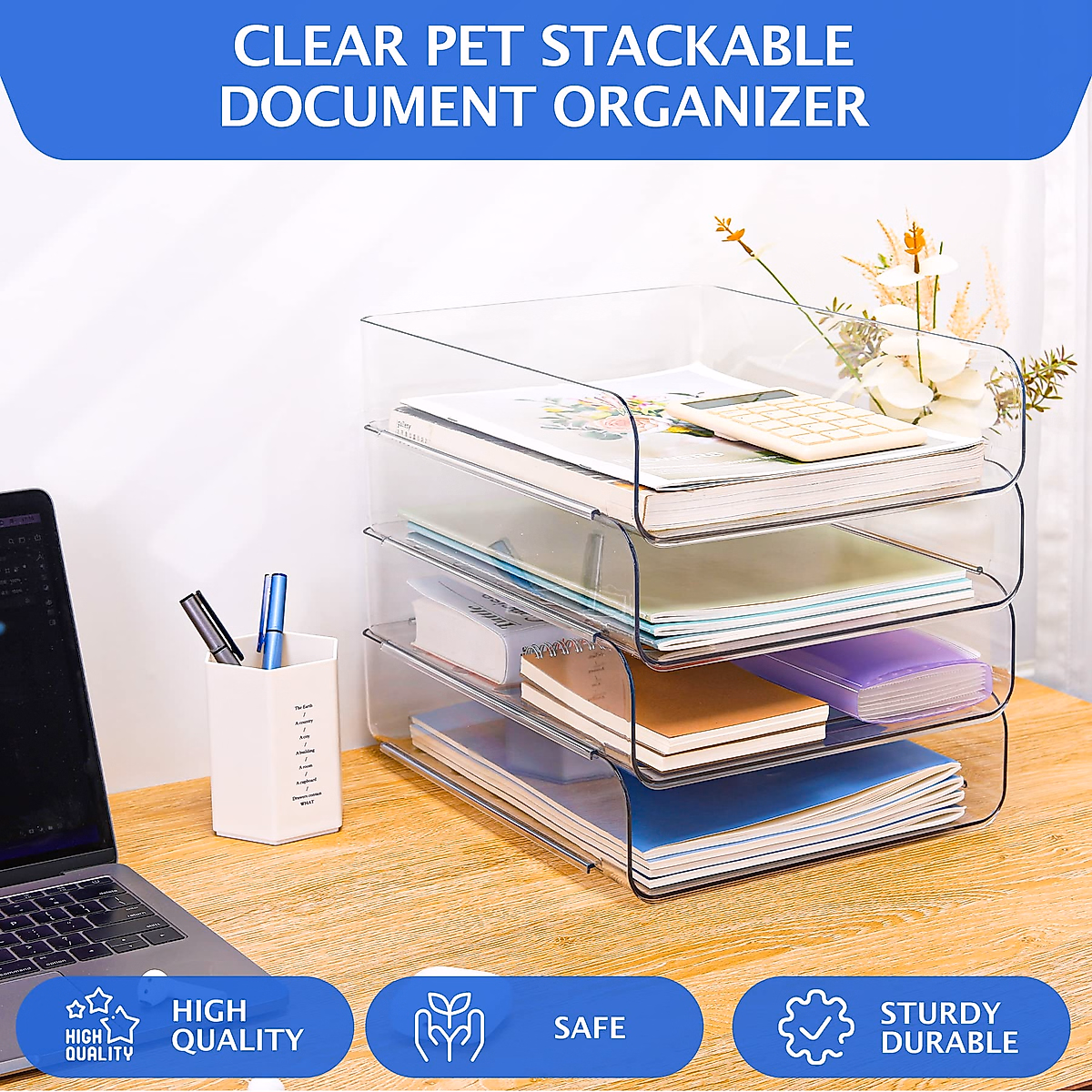 CiWiVOKi Set of 4 Office Organization and Storage, Clear PET Letter Tray Desk Organizer, Stackable Paper Tray Organizer for Desk Accessories, Notes, Pens, File Paper, Document