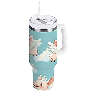 Wusikd Flying Piglets Tumbler Handle Lid and Straw Cute Water Bottle Stainless Steel Coffee Travel Tumbler Mug Cup Gifts for Men Women 30oz