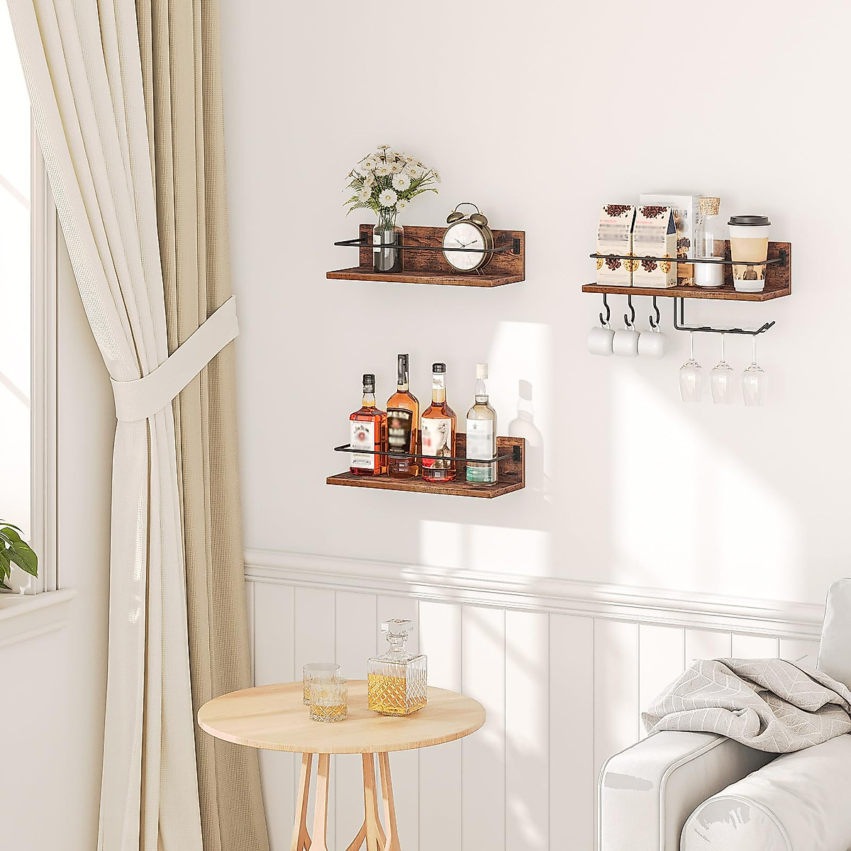 HOOBRO Wall Mounted Wine Rack 3 Pack, Wine Shelf Hanging Floating Wall Shelves, Wine Glass Bottle Rack Stemware Holder, for Living Room, Dining Room, Kitchen, Rustic Brown and Black BF33BJ01