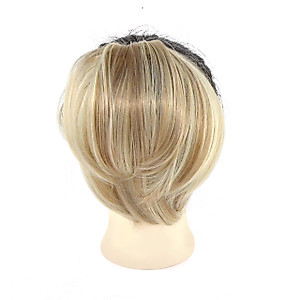 AQINBEL Messy Bun Hair Piece,Straight Hair Buns Hair Piece Short Hair Ponytail Extensions Tousled Updo Bun Hair Pieces with Elastic Rubber Band for Women (Light Ash Brown & Bleach Blonde)