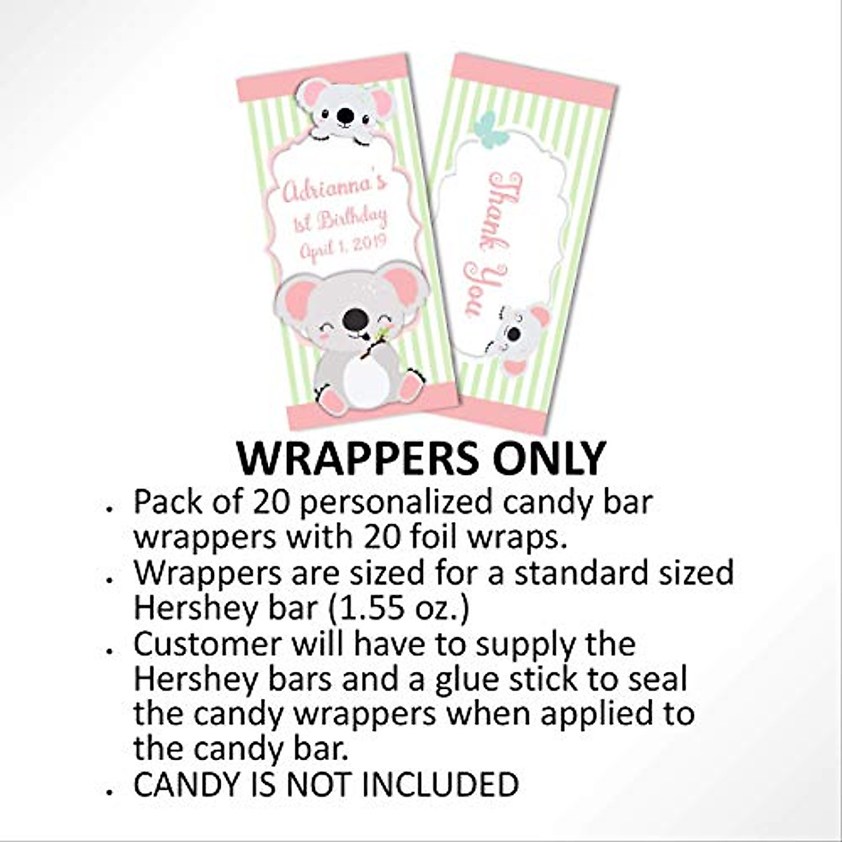 Koala Candy Wrappers for Chocolate, Personalized Party Favors for Kids Birthday, Pack of 20, Custom Hershey Bar Labels