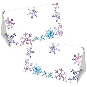Whaline 50Pcs Christmas Place Cards Blue Purple Snowflake Seating Tent Name Cards Xmas Blank Folded Seat Assignment Setting Label for Wedding Baby Shower Party Supply